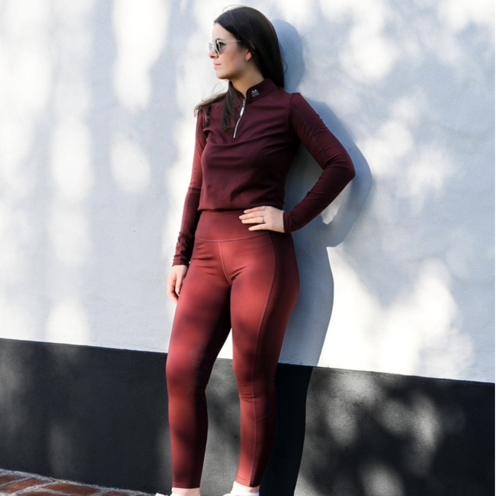 Women’s Equestrian Power Set – Burgundy Riding Leggings & Base Layer ...