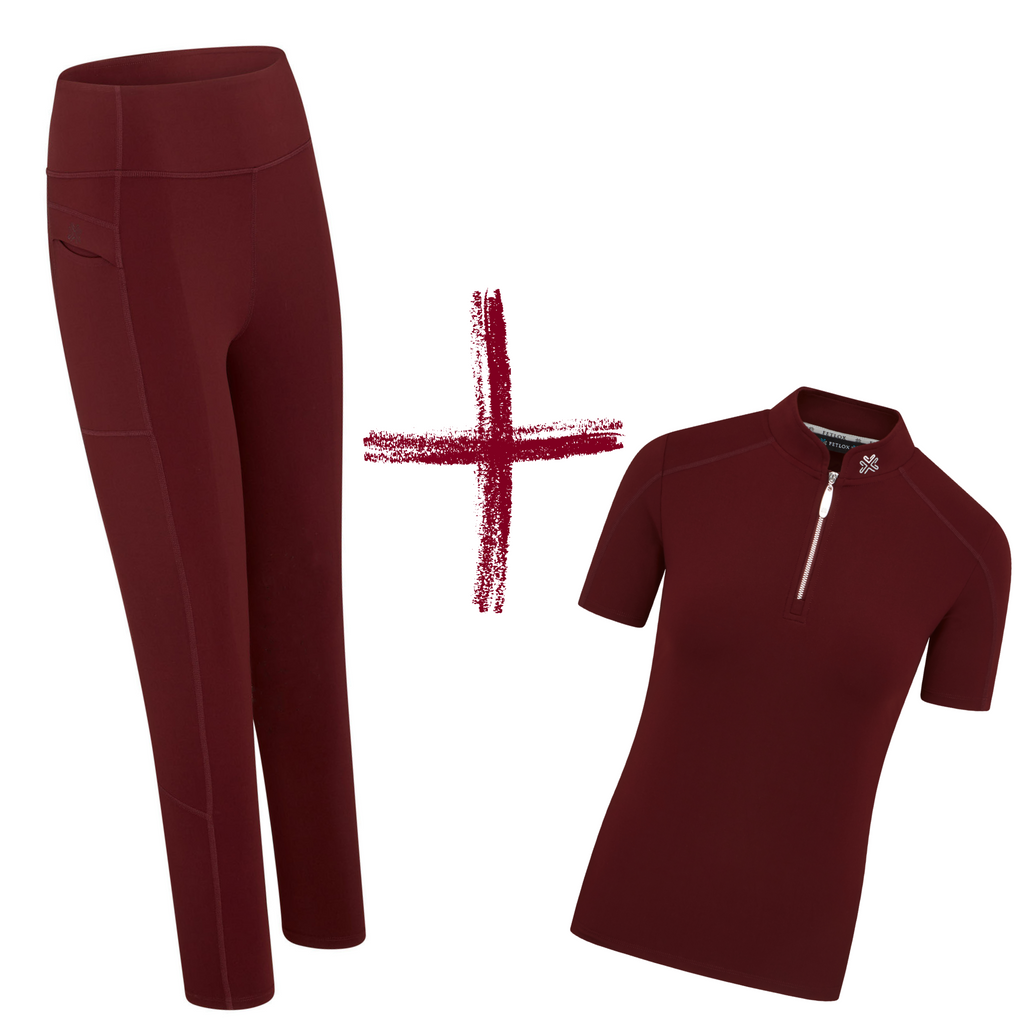 Women’s Burgundy Equestrian Power Set – Riding Leggings & Short Sleeve ...